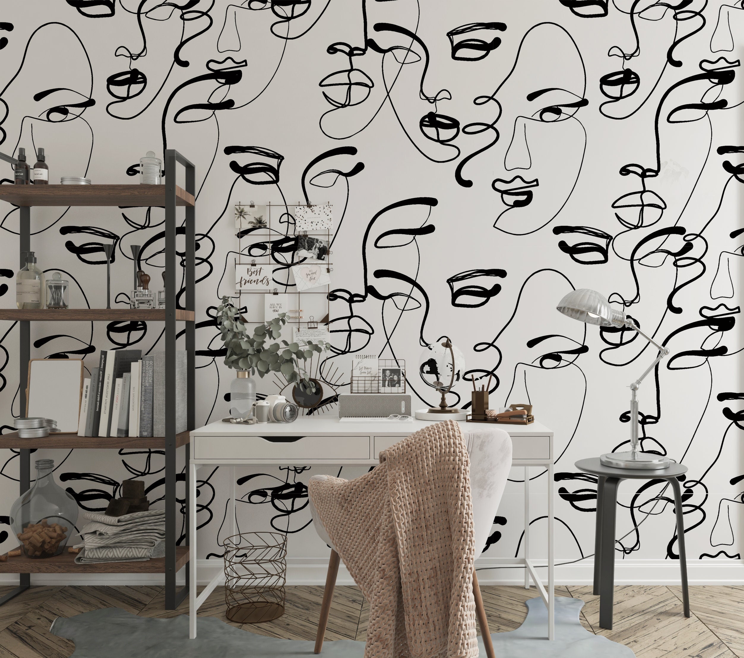 Feminine One Line Drawing Abstract Face Peel and Stick Wallpaper, Black ...