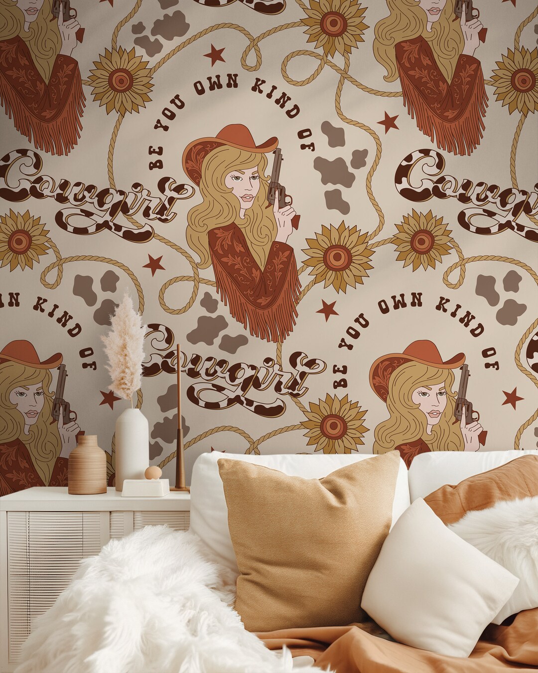 Cowgirl Western Boho Peel and Stick Wallpaper, Howdy Beige Woodland ...