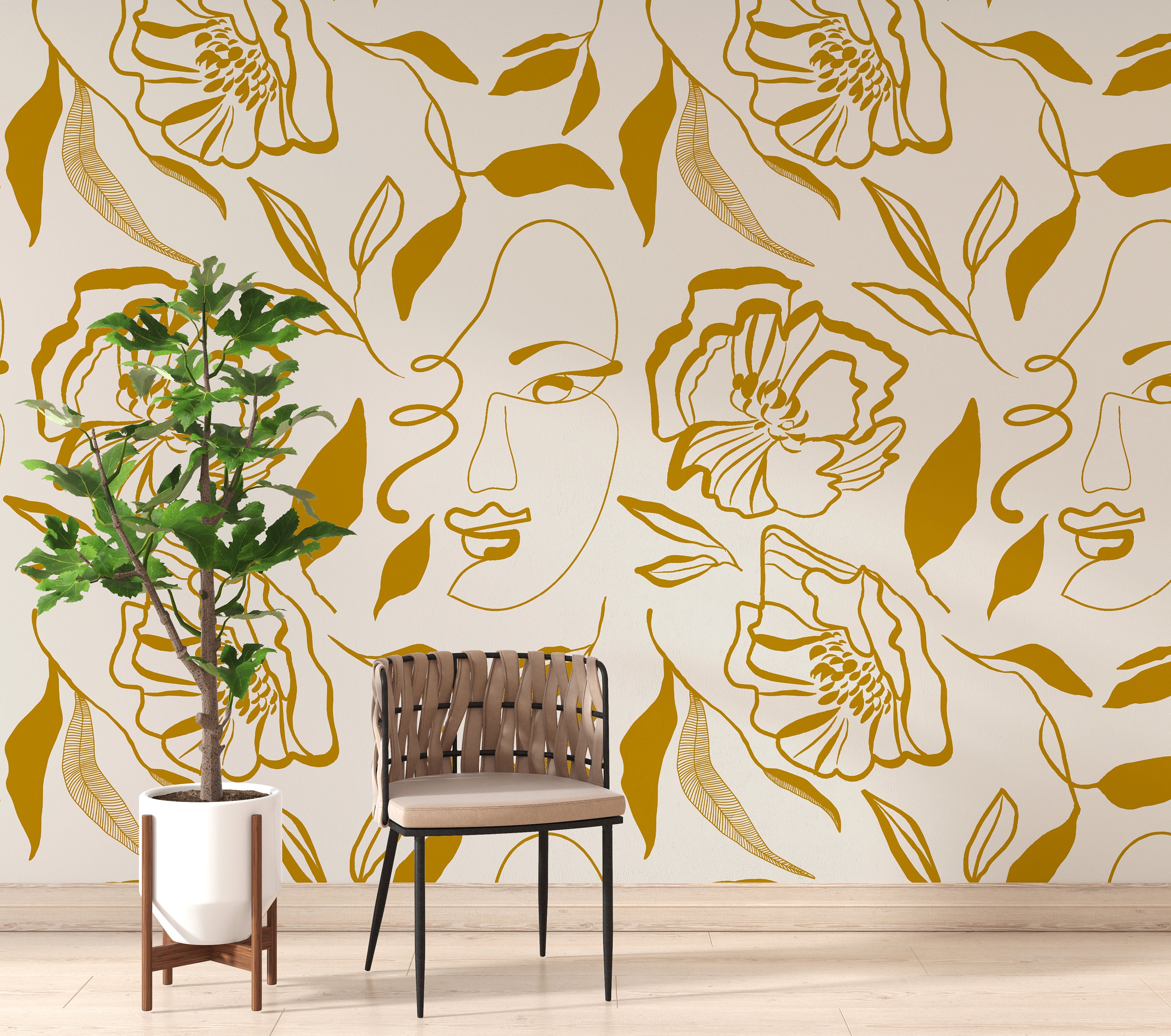 Feminine and Floral One Line Drawing Abstract Face Peel and Stick ...