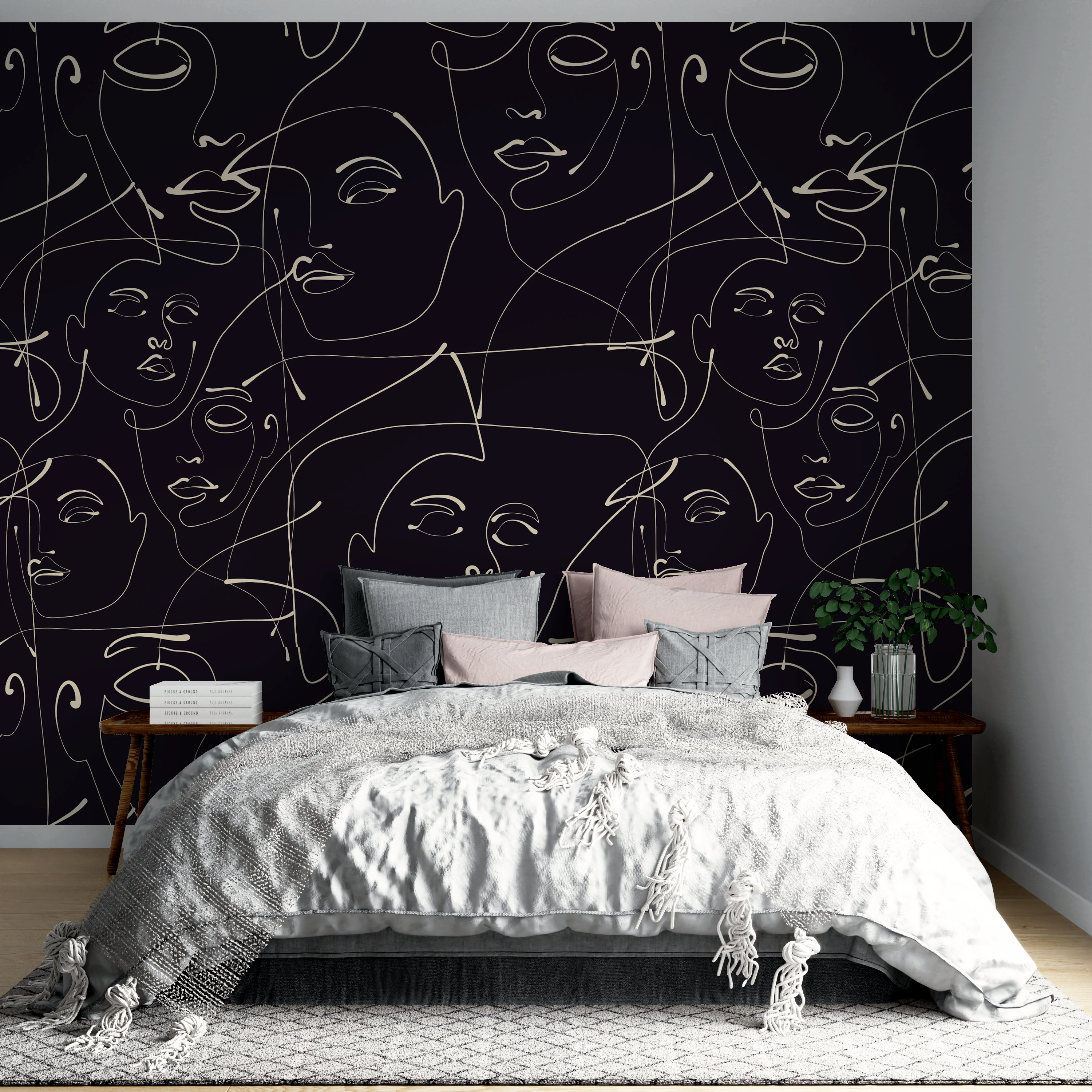 Black Feminine One Line Drawing Abstract Face Peel and Stick Wallpaper ...