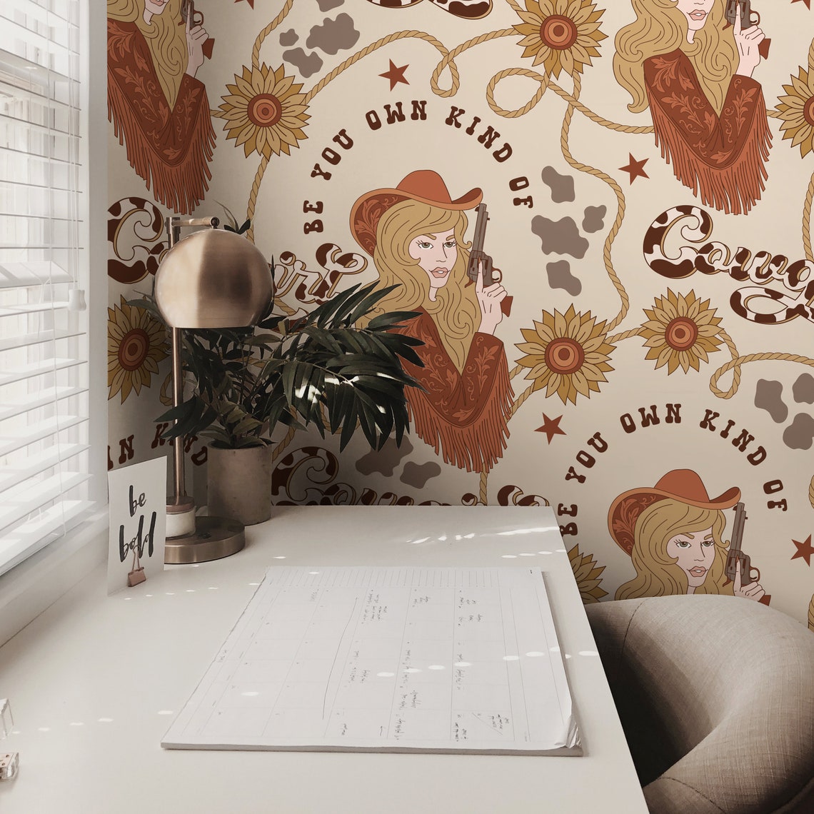 Cowgirl Western Boho Peel and Stick Wallpaper, Howdy Beige Woodland ...