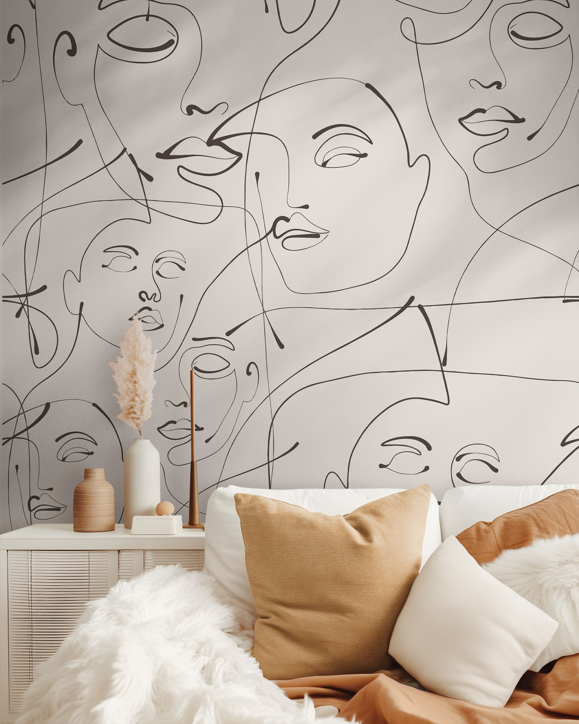 Feminine One Line Drawing Abstract Face Peel and Stick Wallpaper, Gray ...