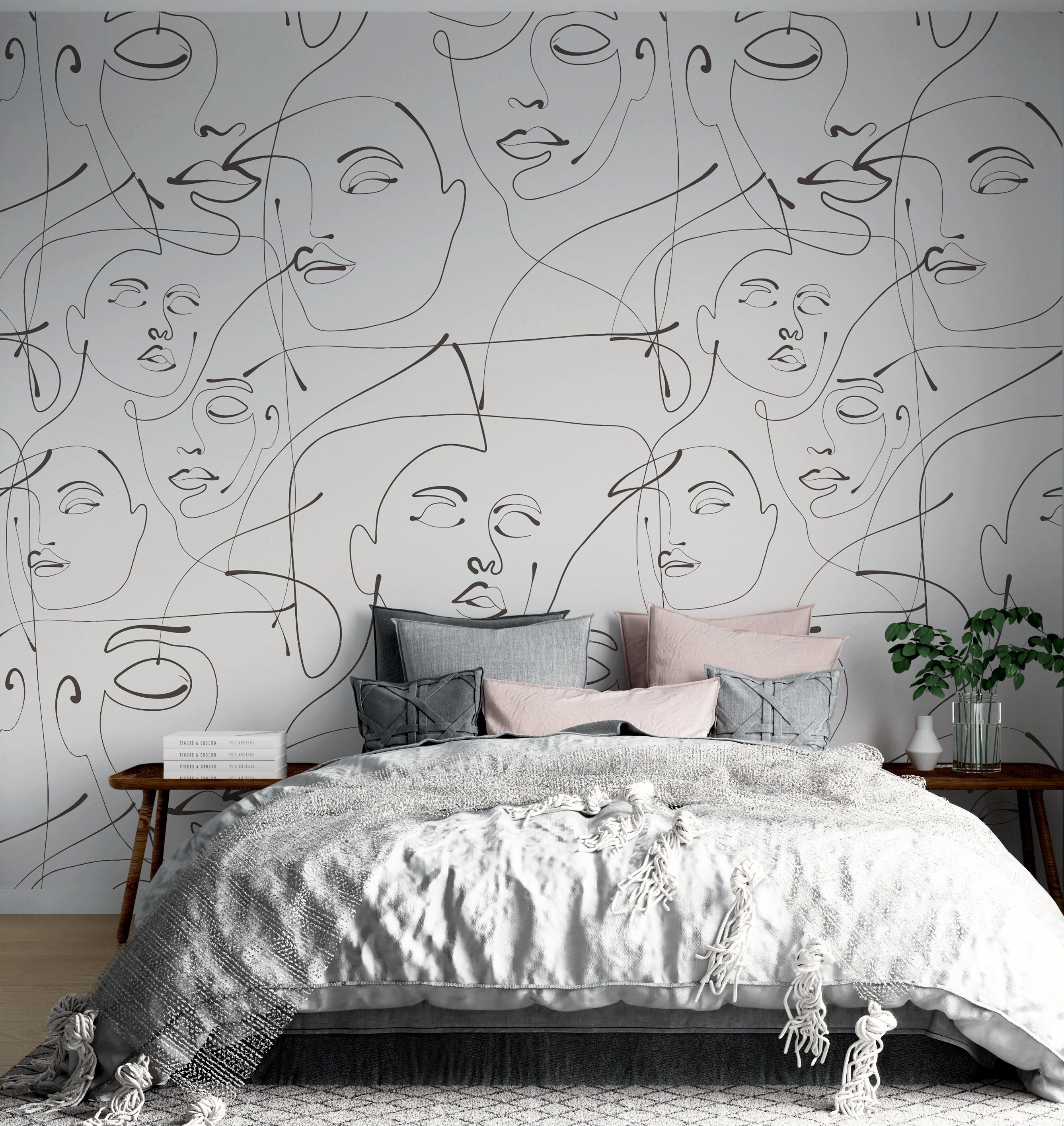 Feminine One Line Drawing Abstract Face Peel and Stick Wallpaper, Gray ...
