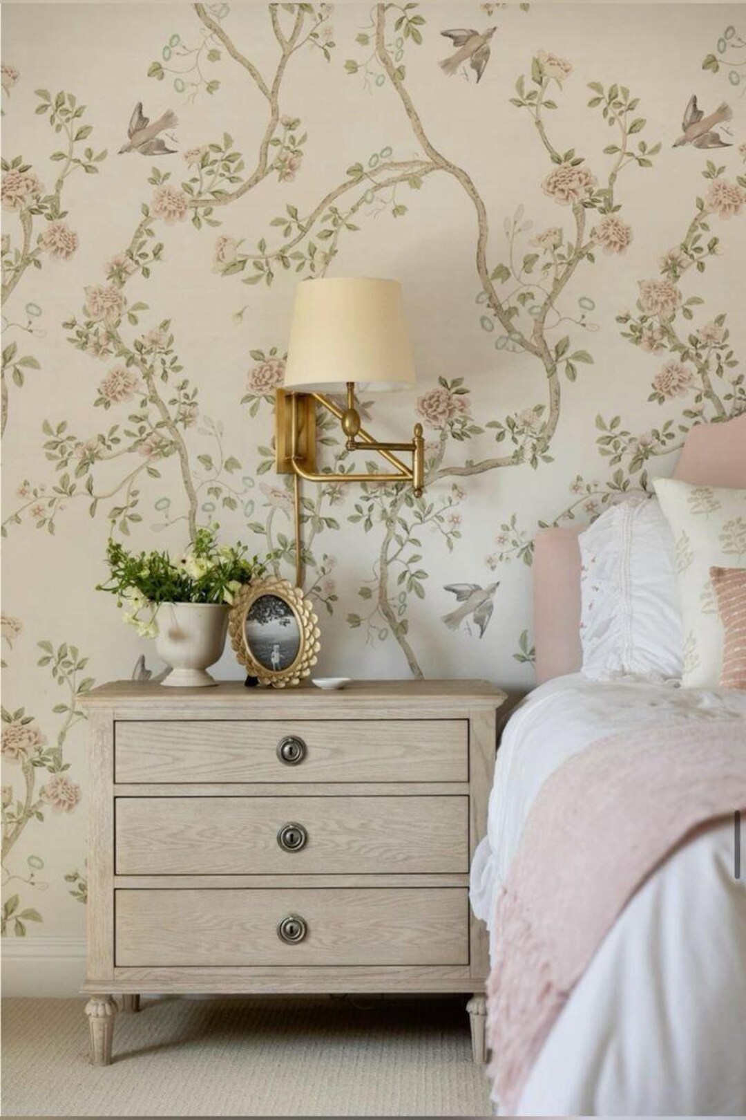 White Chinoiserie Wallpaper, Modern Branches and Birds Floral Peel ...
