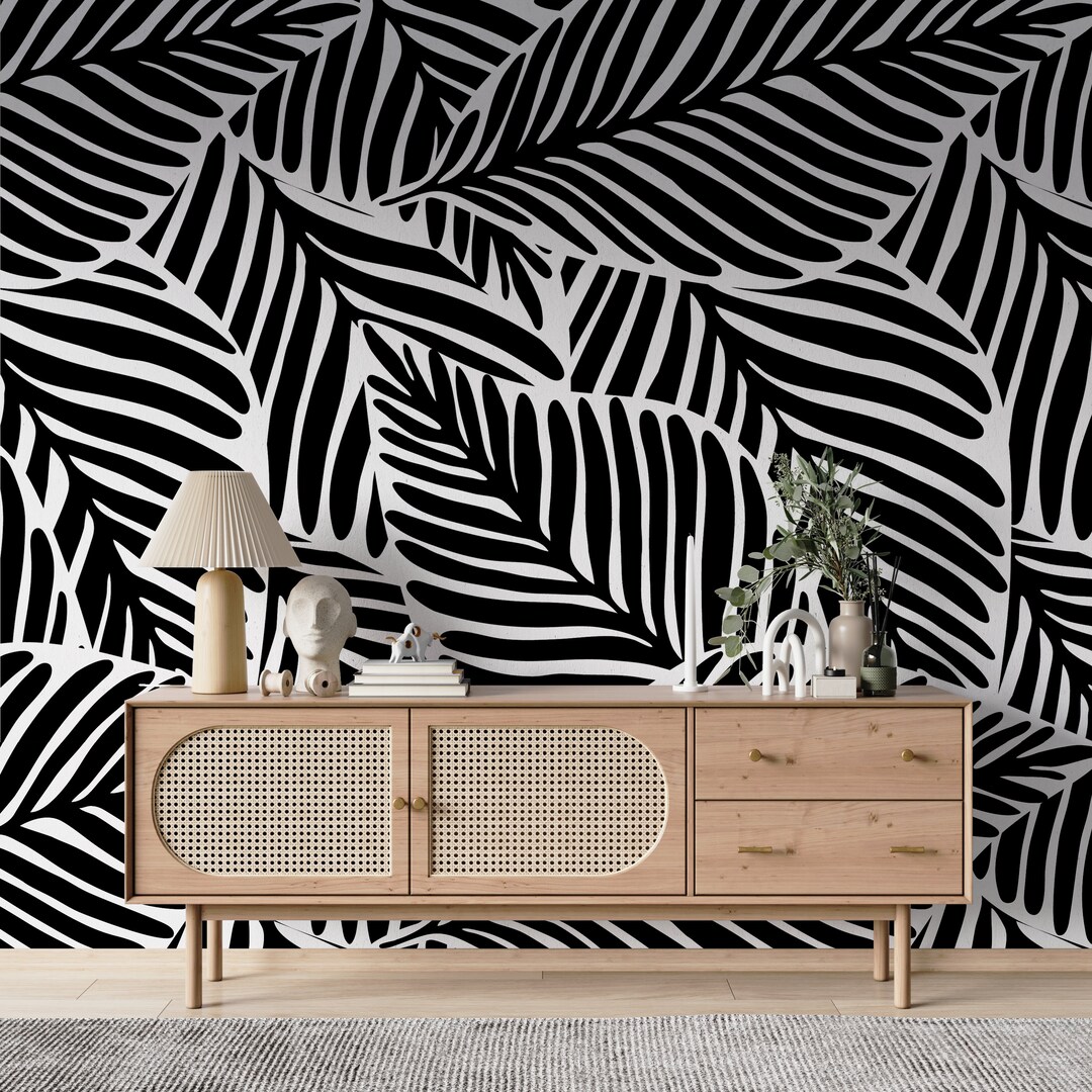 Black Palm Leaf Peel and Stick Wallpaper: Exotic Floral Wall Decor - Etsy