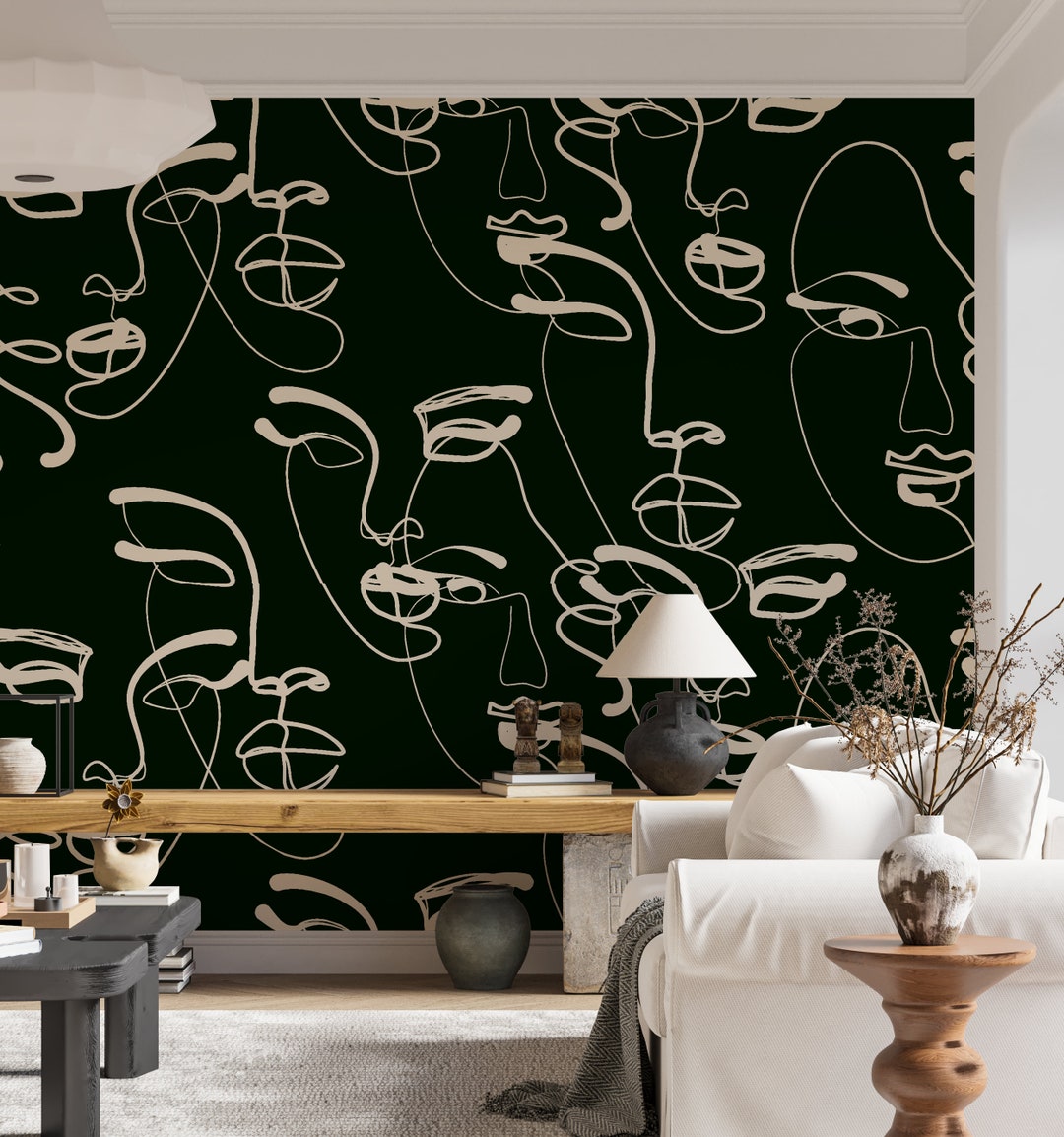 Black Feminine One Line Drawing Abstract Face Peel and Stick Wallpaper ...