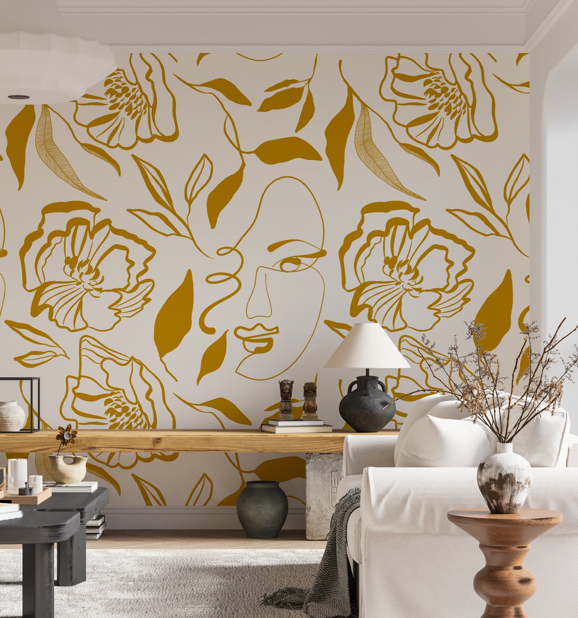 Feminine and Floral One Line Drawing Abstract Face Peel and Stick ...