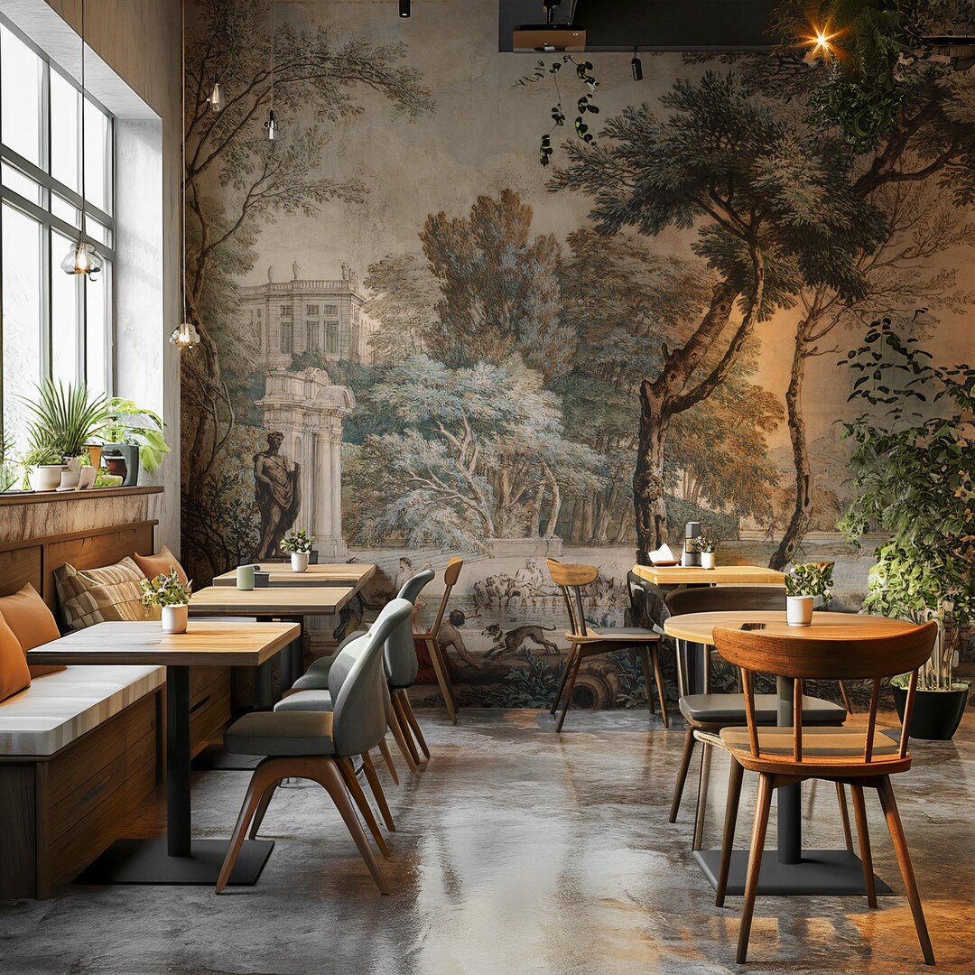 Pastoral Vintage Forest Landscape Wallpaper – Antique Beige Medieval ...