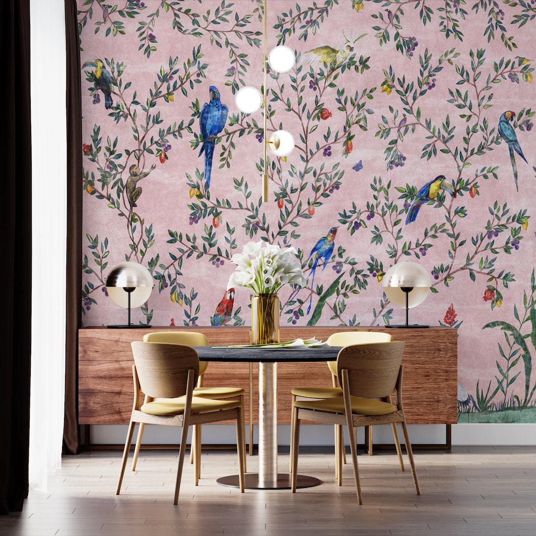Soft Pink Chinoiserie Wallpaper, Birds and Branches Floral Peel and ...