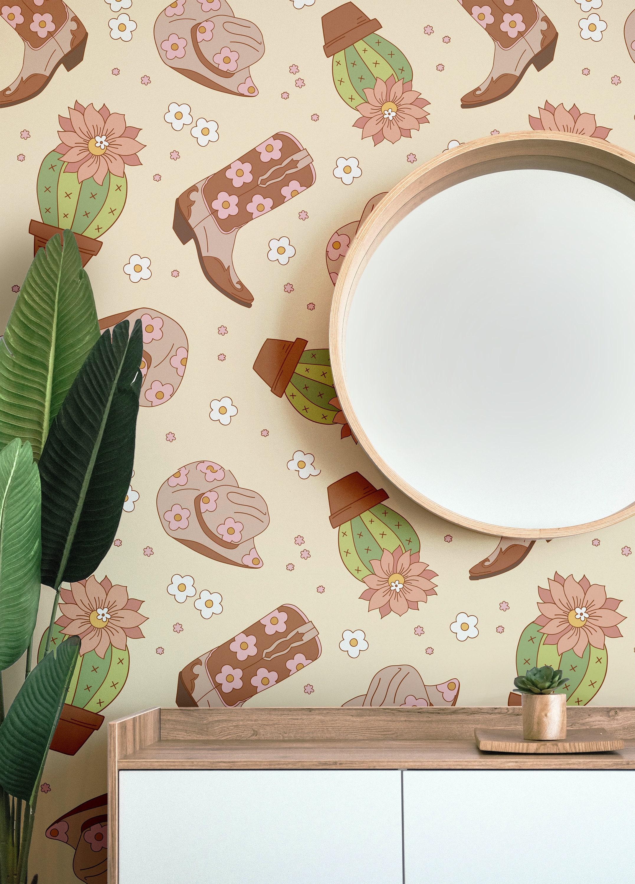 Cowgirl Western Floral Cactus Boho Peel and Stick Wallpaper, Howdy ...