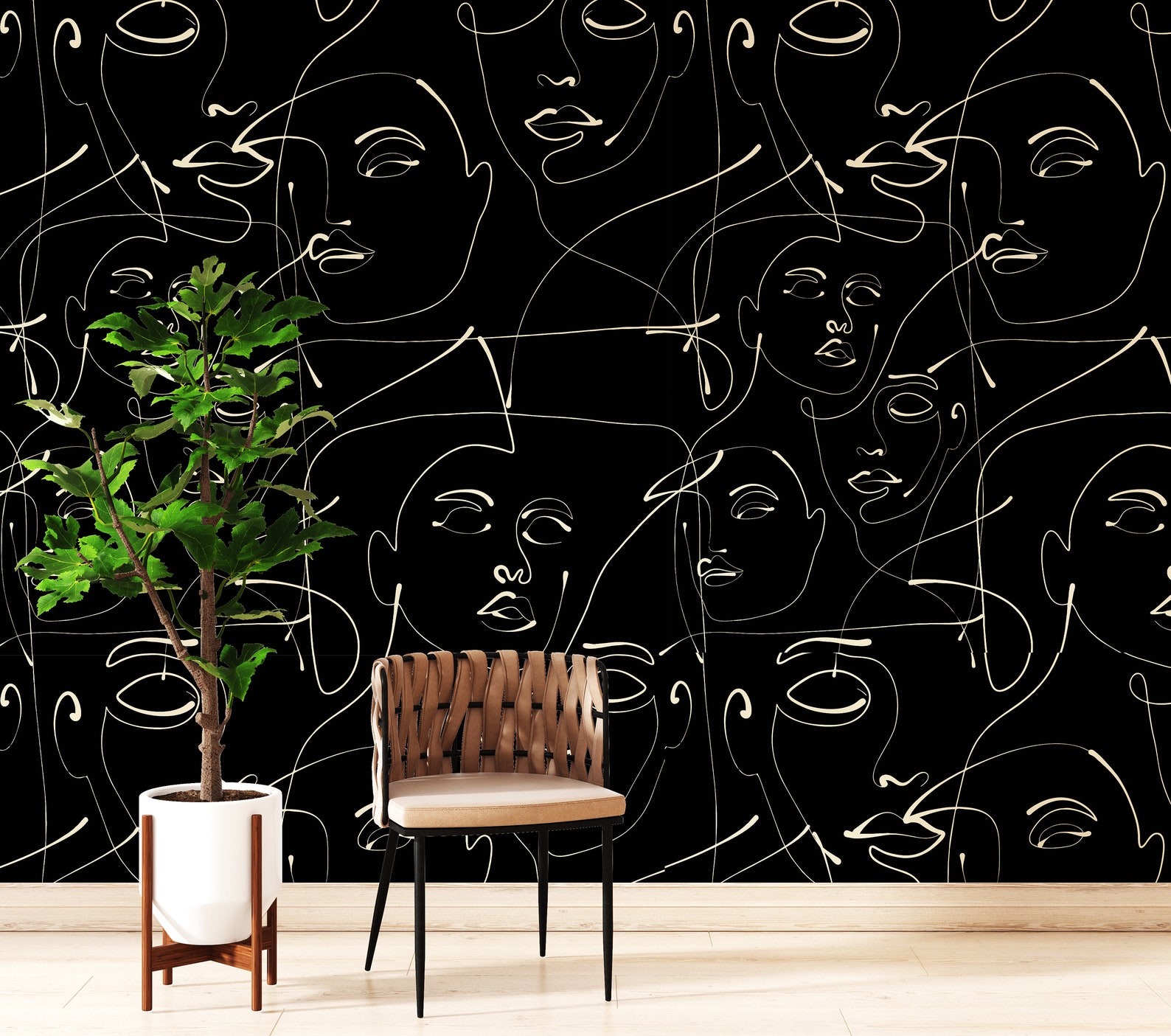 Black Feminine One Line Drawing Abstract Face Peel and Stick Wallpaper ...