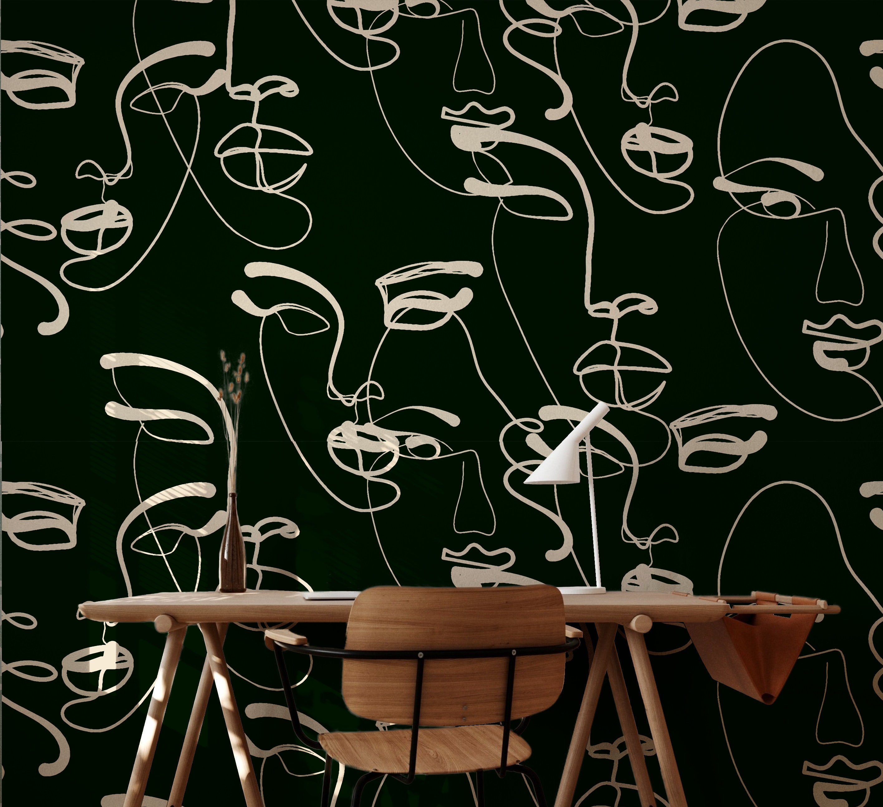 Black Feminine One Line Drawing Abstract Face Peel and Stick Wallpaper ...