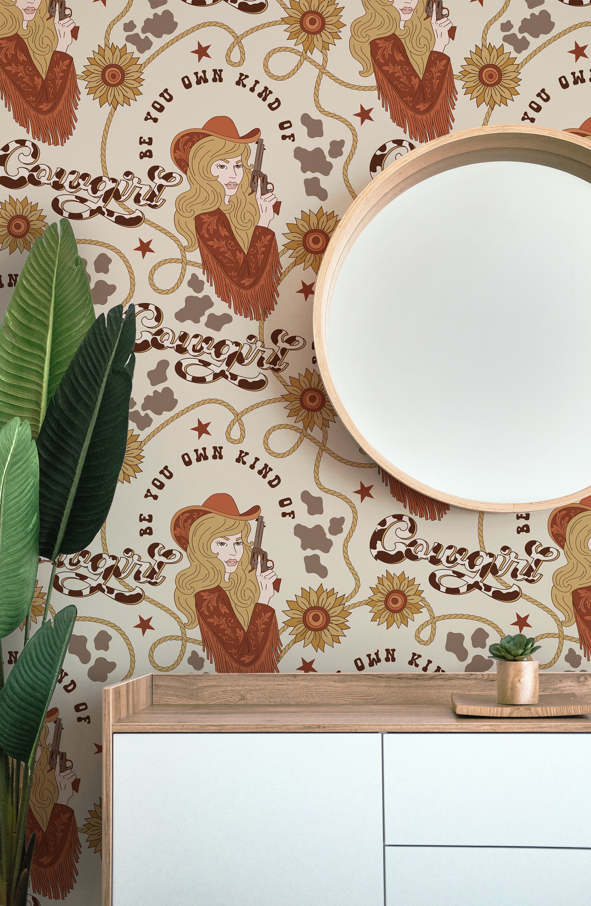 Cowgirl Western Boho Peel and Stick Wallpaper, Howdy Beige Woodland ...