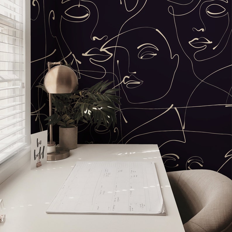 Black Feminine One Line Drawing Abstract Face Peel and Stick Wallpaper ...