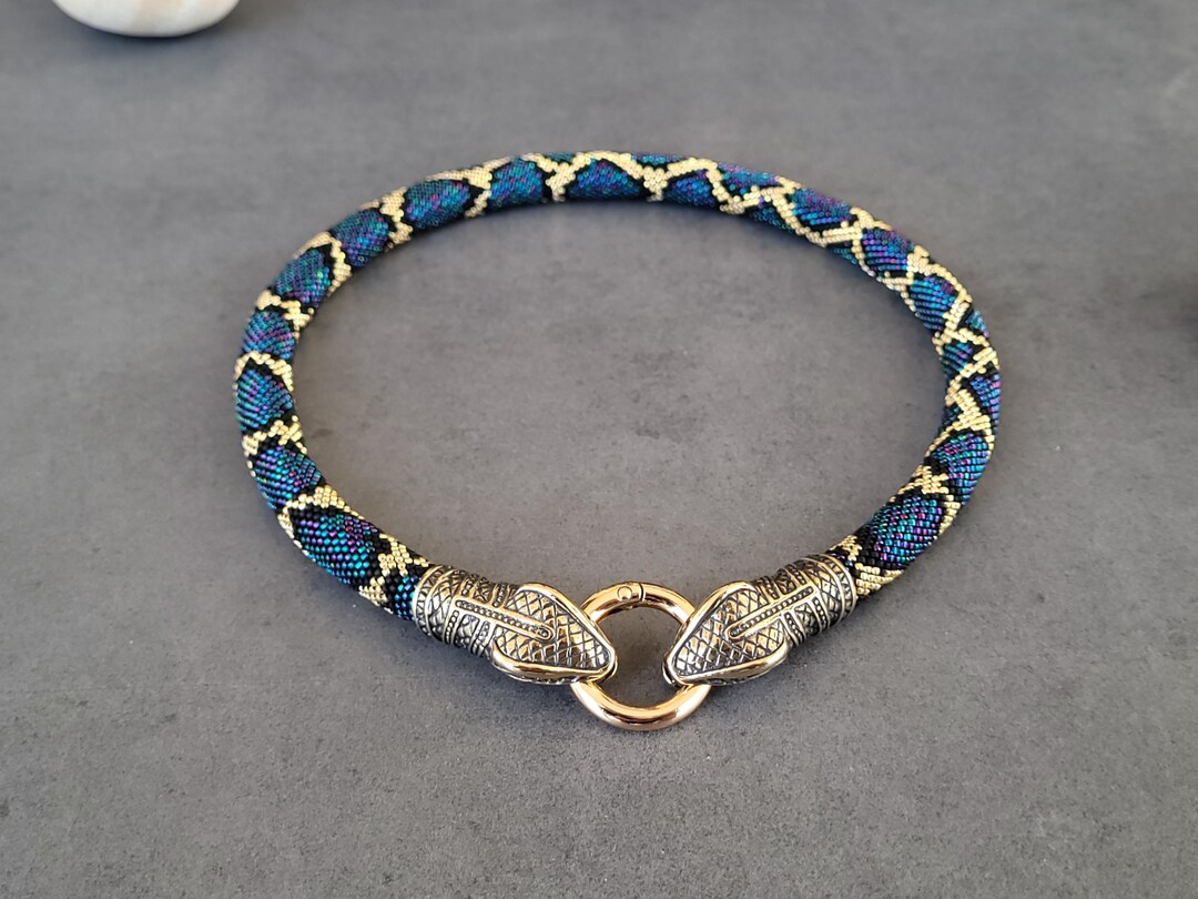 Beaded Snake Necklace: Blue Python With Brass Heads - Etsy