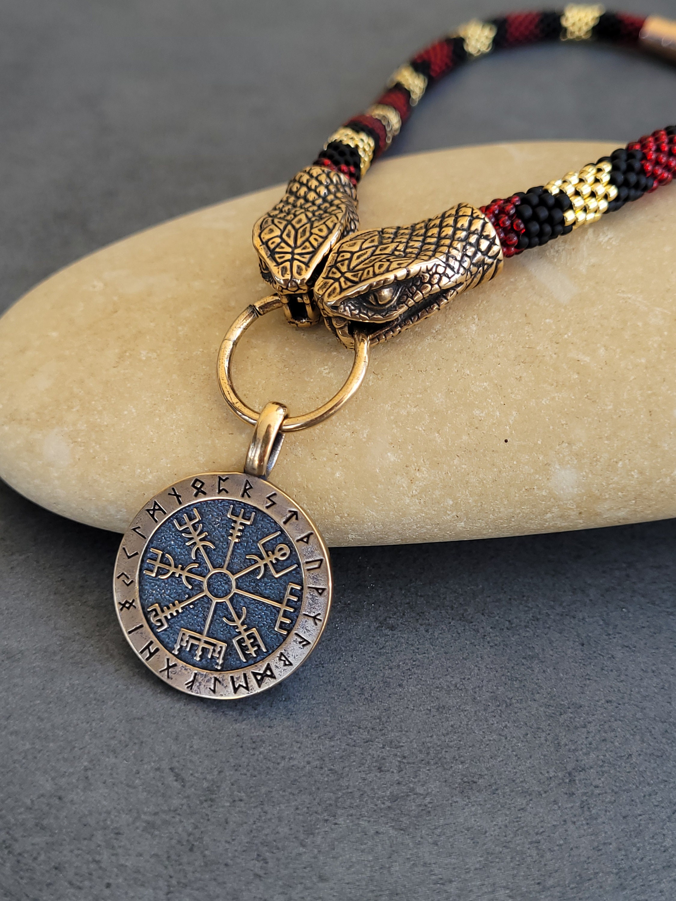 Beaded Snake Necklace With Runic Compass Pendant, Snake Necklace ...