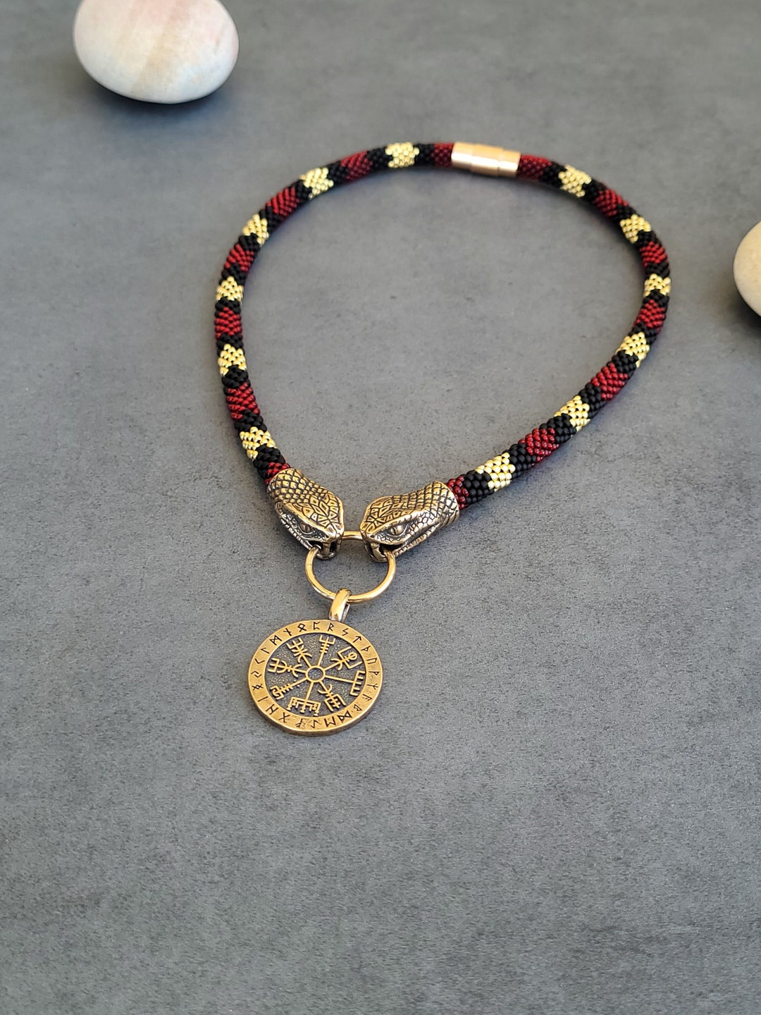 Beaded Snake Necklace With Runic Compass Pendant, Snake Necklace ...