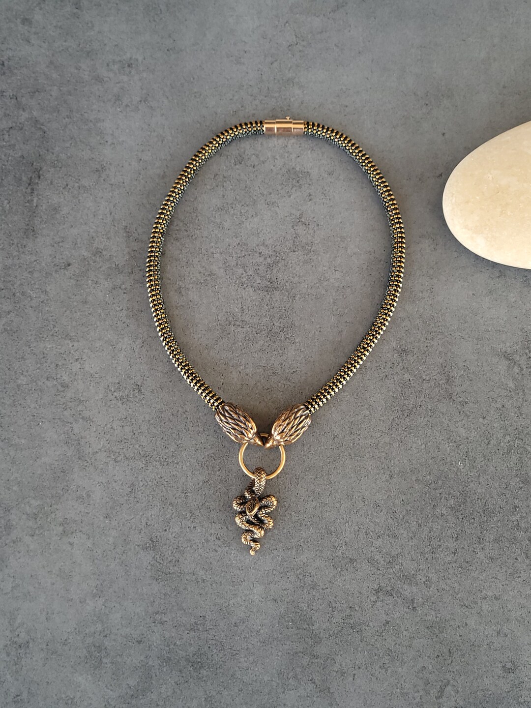 Witch Necklace, Eagles and Snake Beaded Necklace, Bronze Eagles, Snake ...