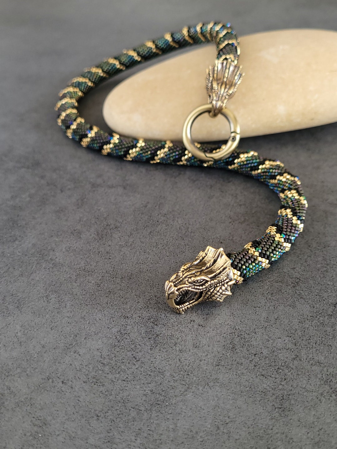 Beaded Brass Dragon,green Beaded Dragon, Dragon Necklace, Dragon Beaded ...