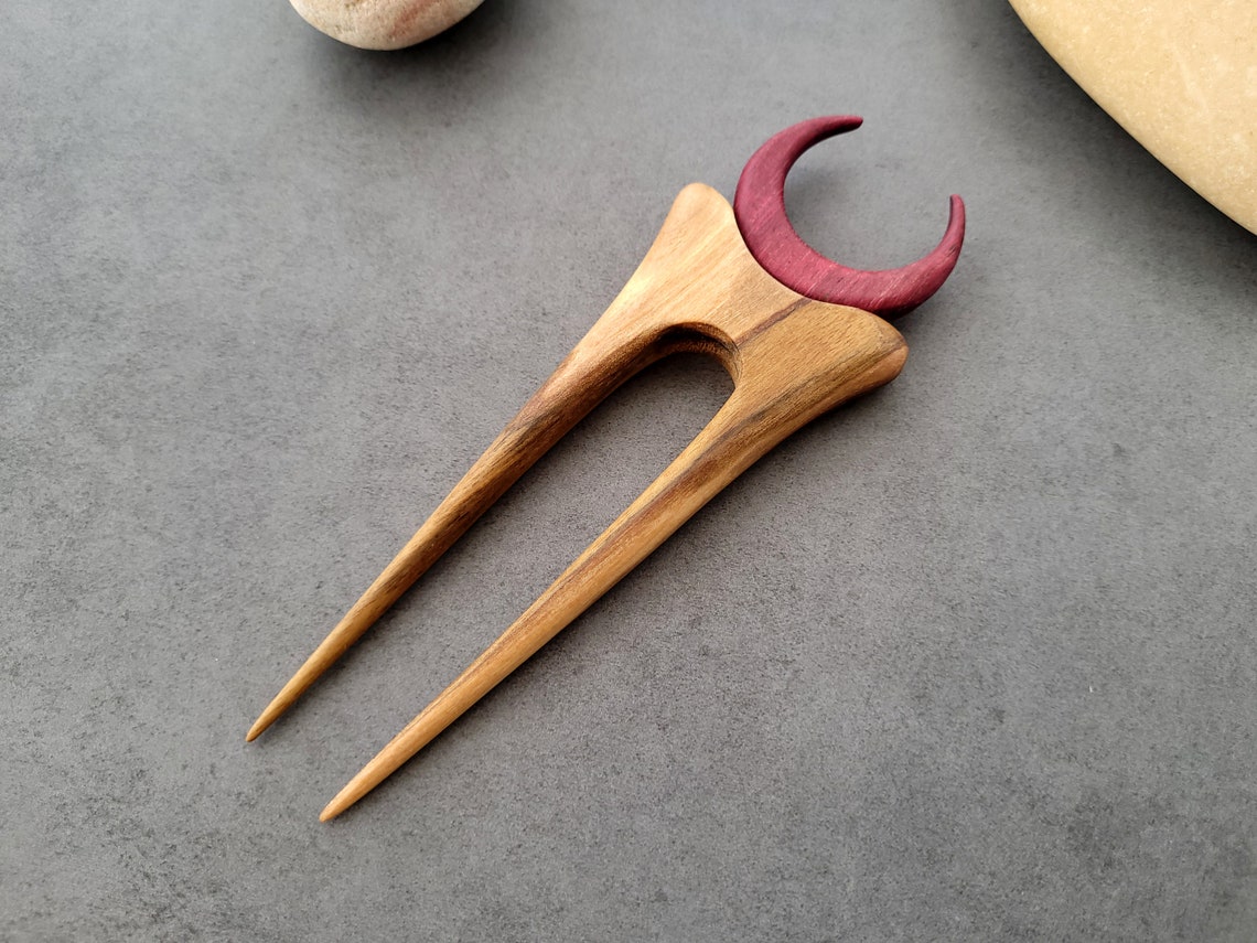 Purple Crescent Moon Hair Stick, Wood Hair Moon, Moon Hairpin, Moon ...