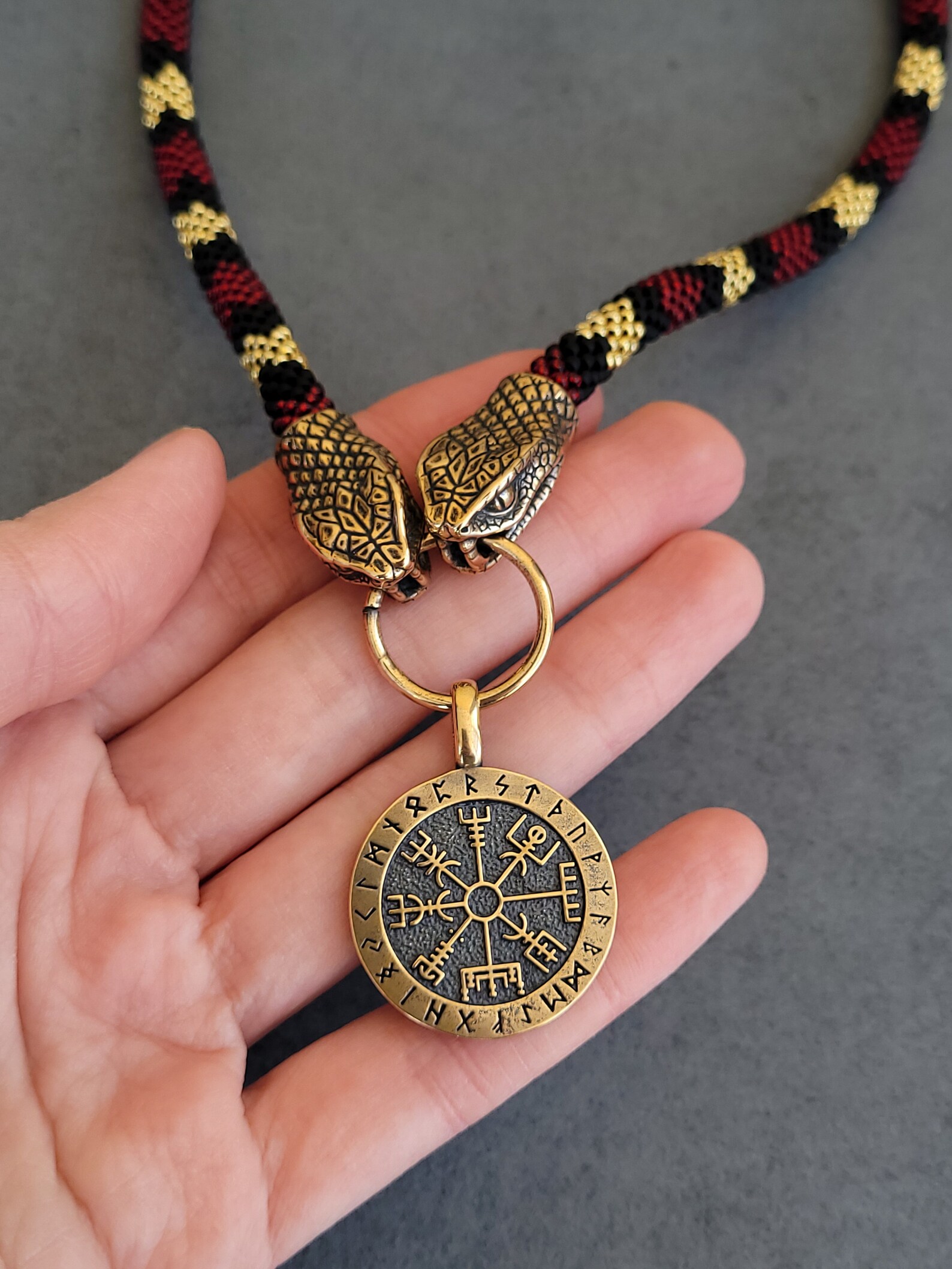 Beaded Snake Necklace With Runic Compass Pendant, Snake Necklace ...