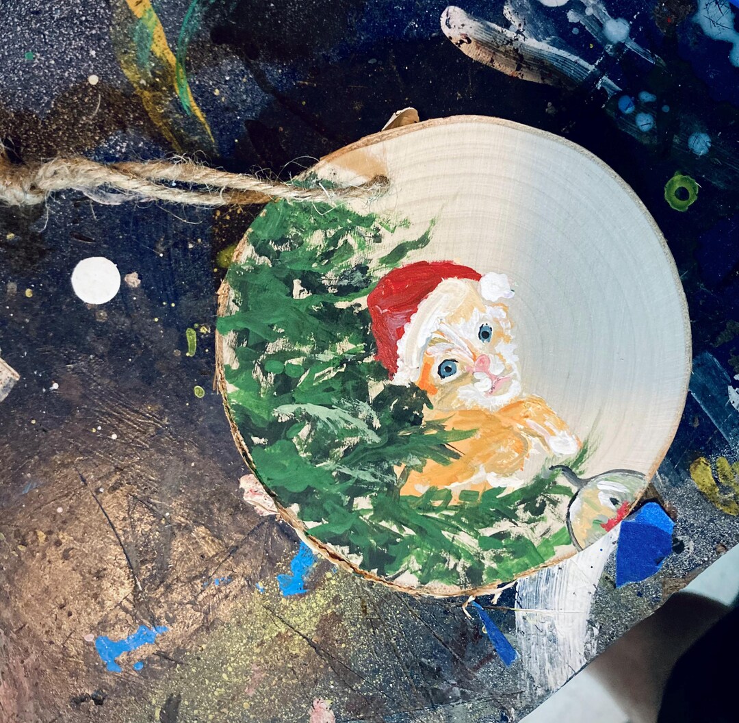 Cat in the Christmas Tree Hand-painted Birch Circle Ornament - Etsy