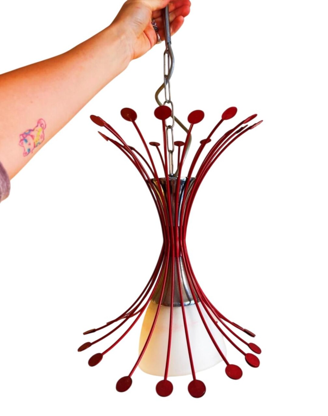 Vintage Red Metal Pendant Light, White Satin Glass Shade, Funky Pop Art ...