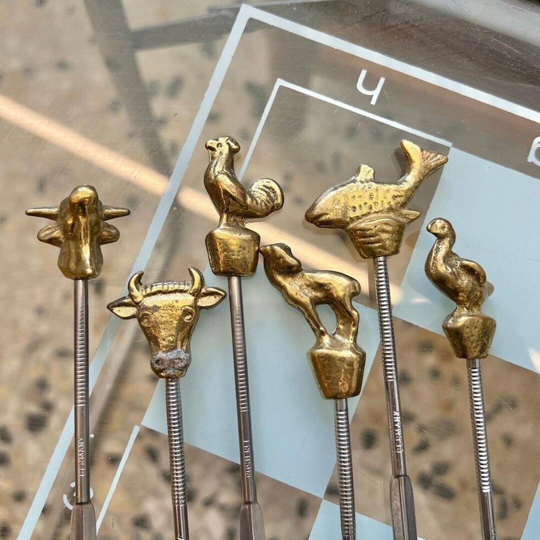Mid-century Animal Figured Skewer Set 6 / Vintage Brass Grill Skewer ...