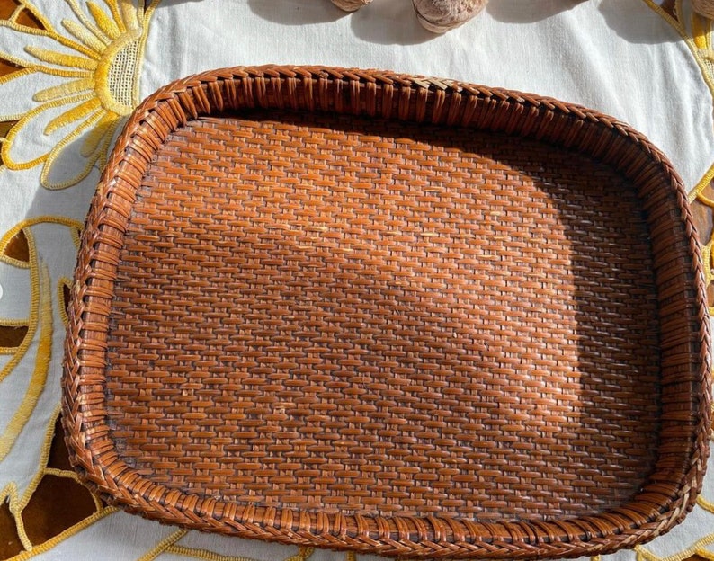 Vintage Wicker Tray, Breakfast Serving Tray / Retro Boho Woven Platter ...