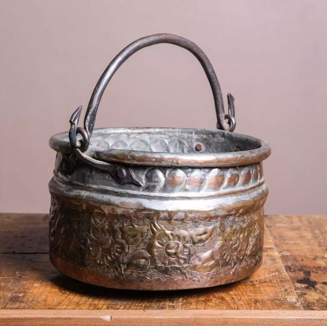 Antique Hand Forged Copper Bucket 50s / Flower Pattern Copper Basket ...