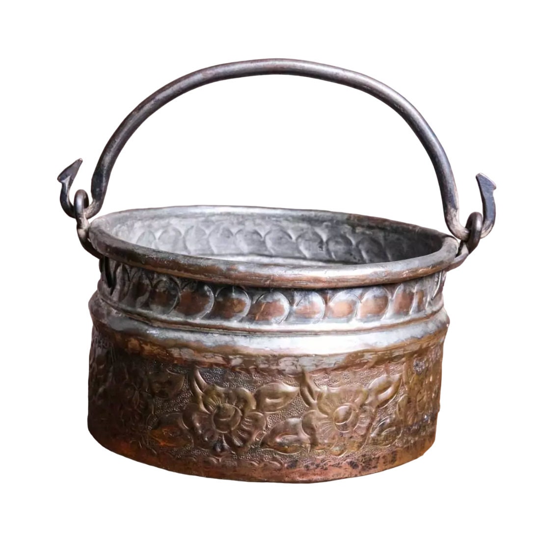 Antique Hand Forged Copper Bucket 50s / Flower Pattern Copper Basket ...