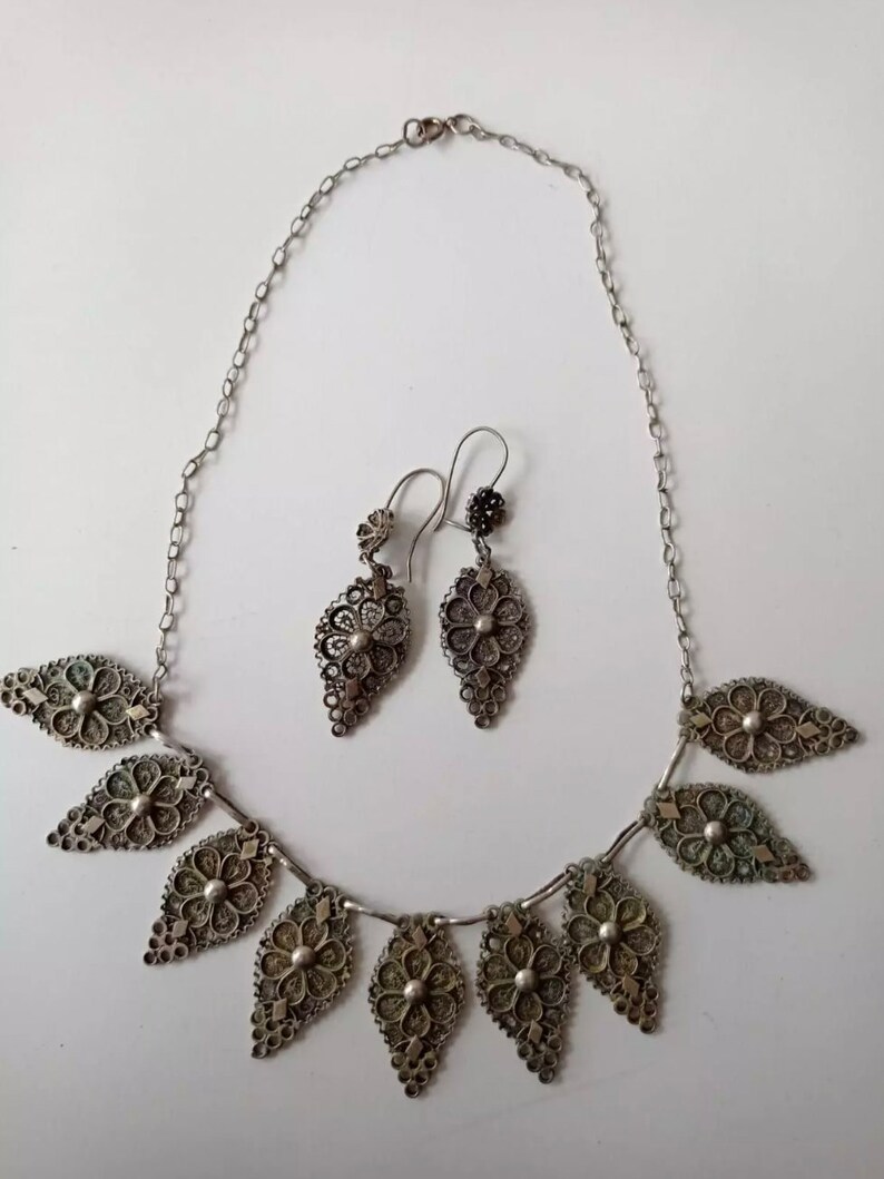 Antique Silver Filigree Necklace and Earring Set 40 Gr / Filigree ...