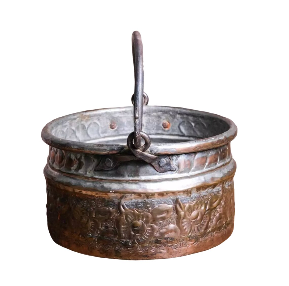 Antique Hand Forged Copper Bucket 50s / Flower Pattern Copper Basket ...