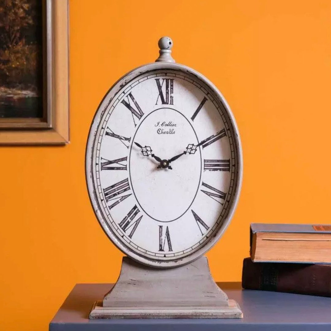 Retro Large Wooden Table Clock / Rustic Desk Clock / Tabletop Grey ...