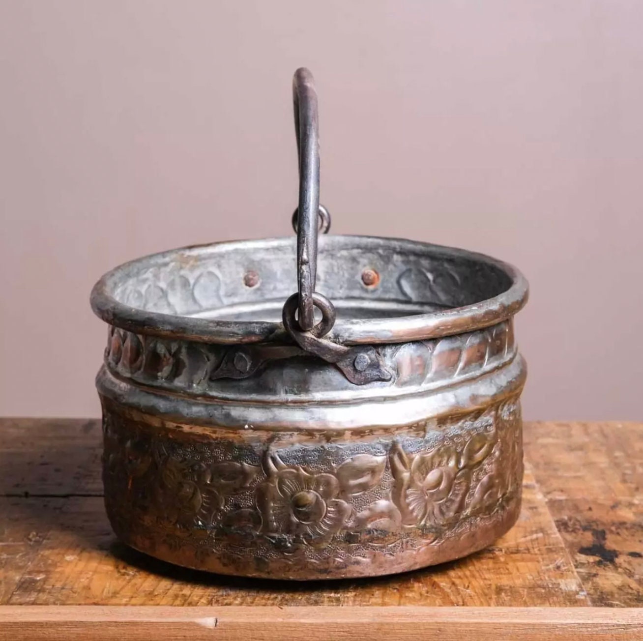 Antique Hand Forged Copper Bucket 50s / Flower Pattern Copper Basket ...