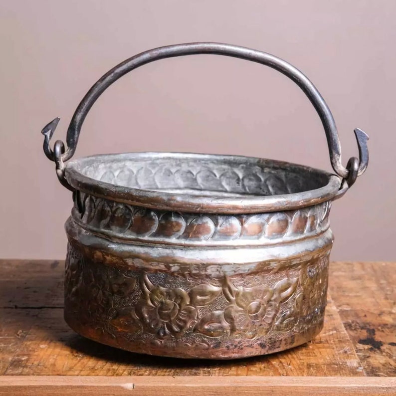 Antique Hand Forged Copper Bucket 50s / Flower Pattern Copper Basket ...