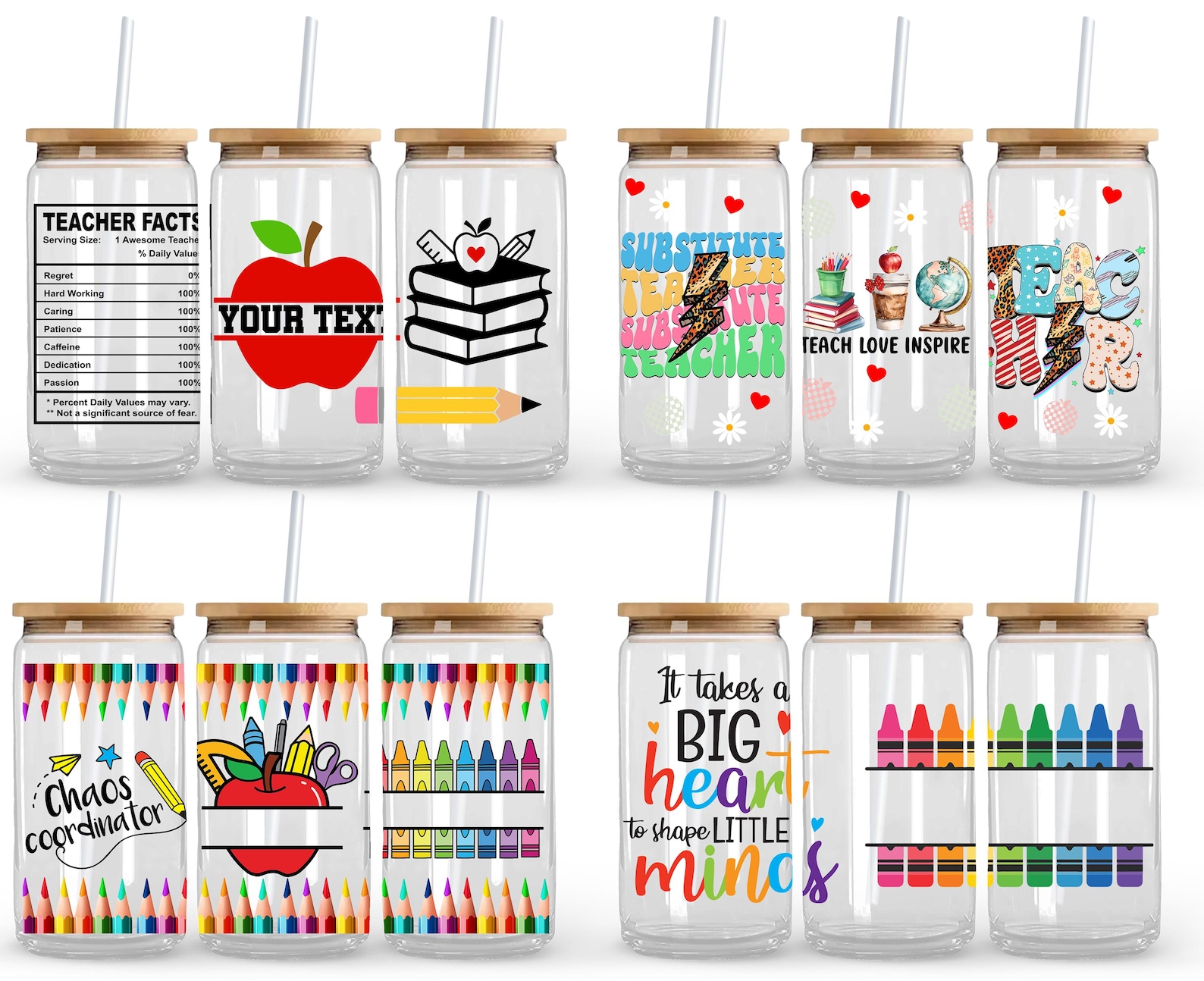 16oz Teacher Libbey Glass Can PNG Bundle, Teacher Glass Can Wrap PNG ...