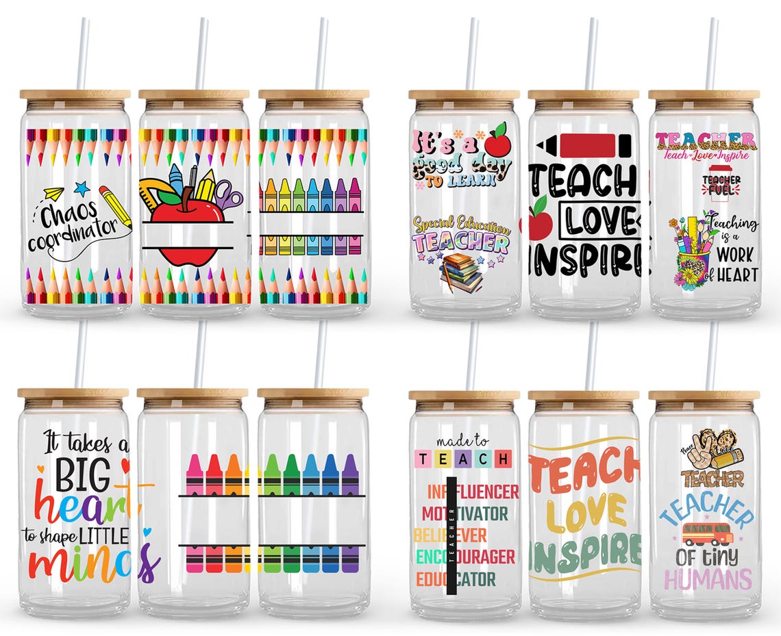 16oz Teacher Libbey Glass Can PNG Bundle, Teacher Glass Can Wrap PNG ...