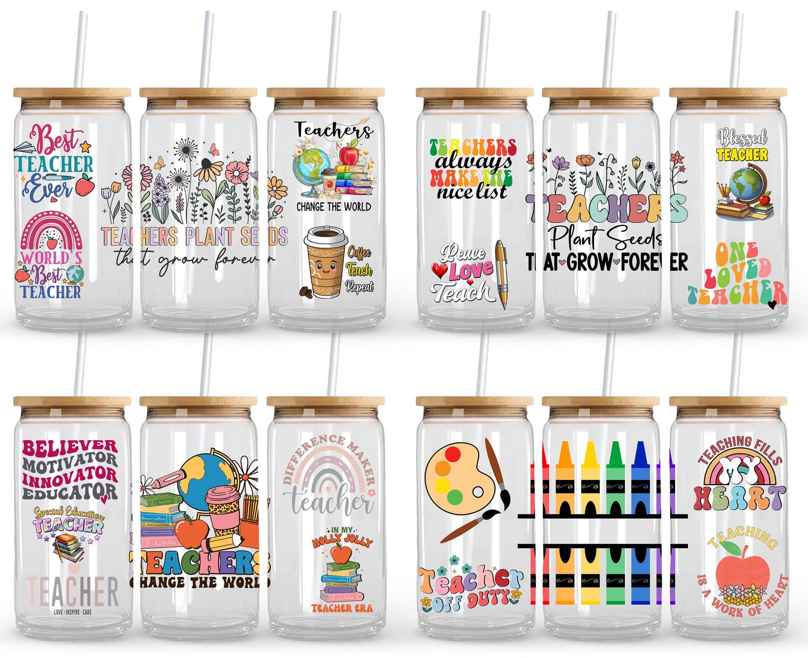 16oz Teacher Libbey Glass Can PNG Bundle, Teacher Glass Can Wrap PNG ...