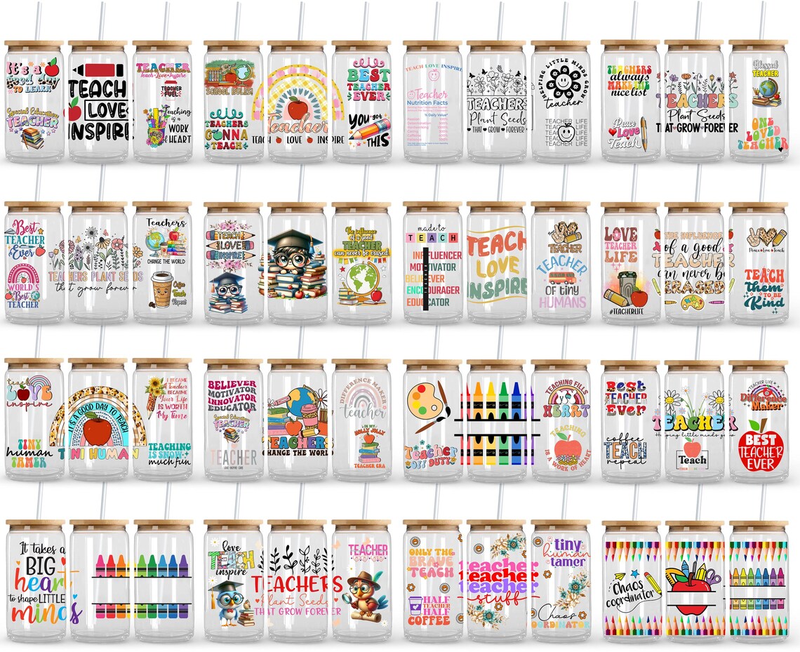 16oz Teacher Libbey Glass Can PNG Bundle, Teacher Glass Can Wrap PNG ...