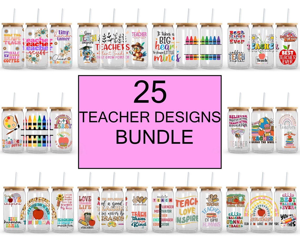 16oz Teacher Libbey Glass Can PNG Bundle, Teacher Glass Can Wrap PNG ...