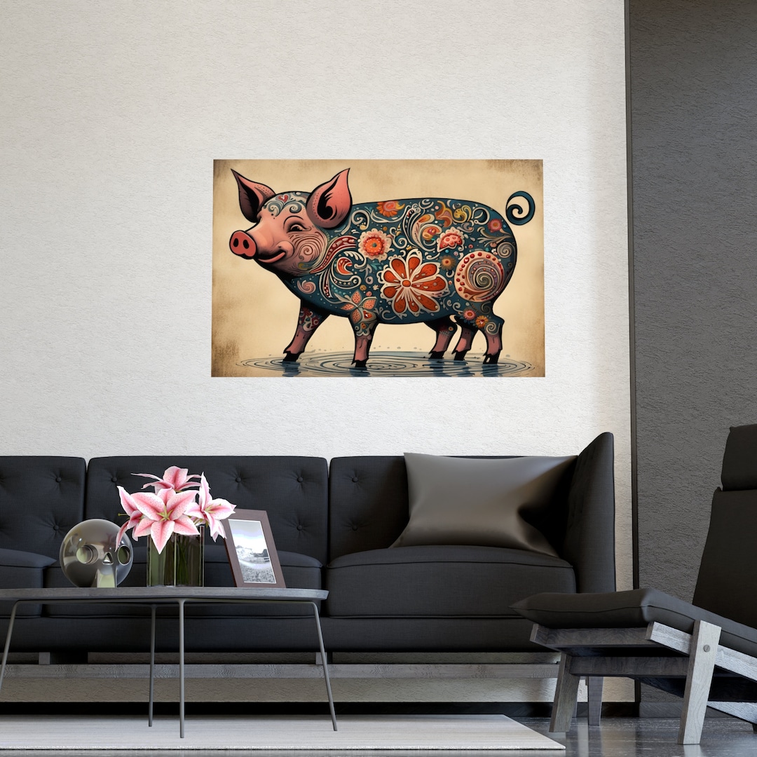 Whimsical Piggy Dance: A Folk Art Delight - Horizontal Matte Poster - Etsy