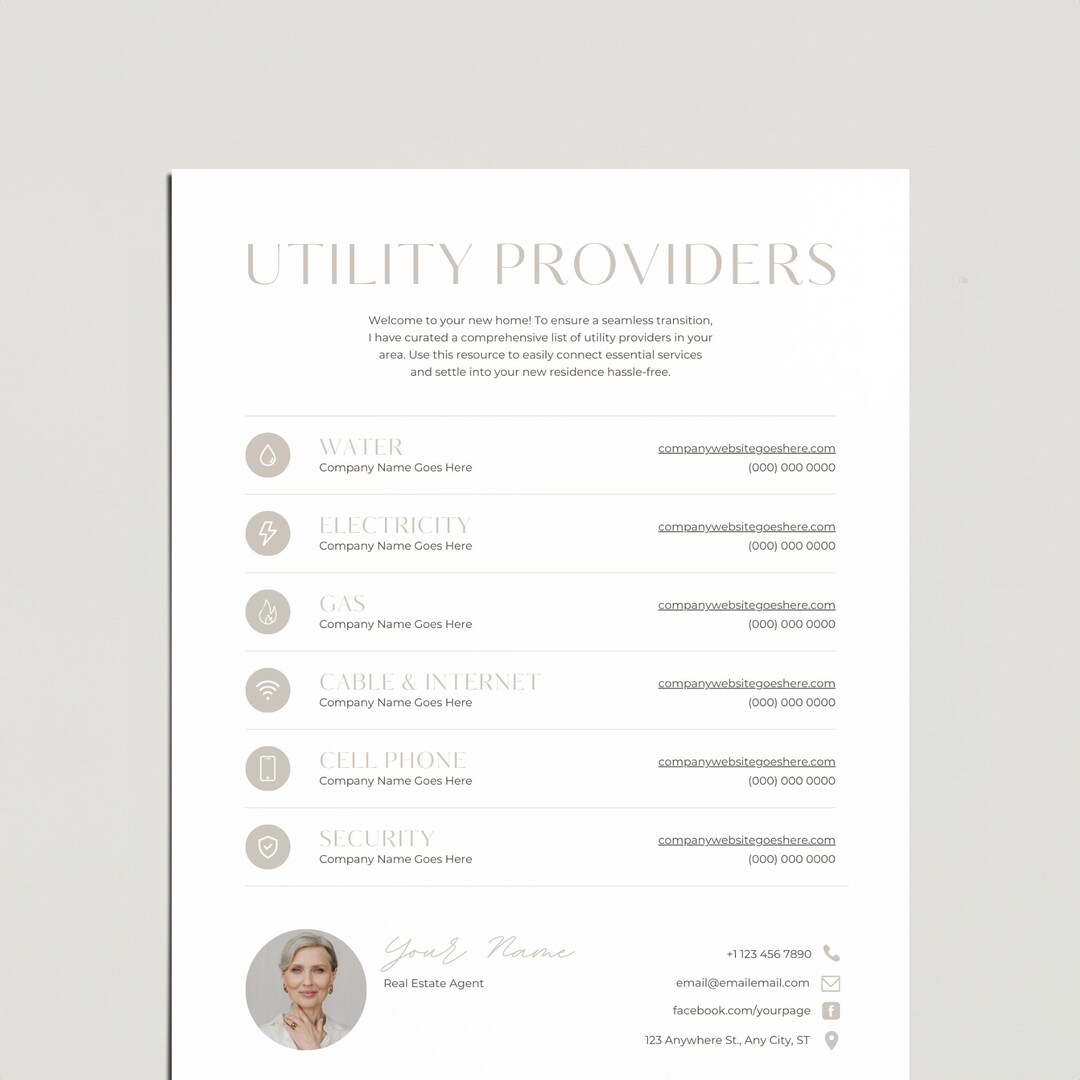 Real Estate Utility Providers List | Canva Template, Moving Resources ...