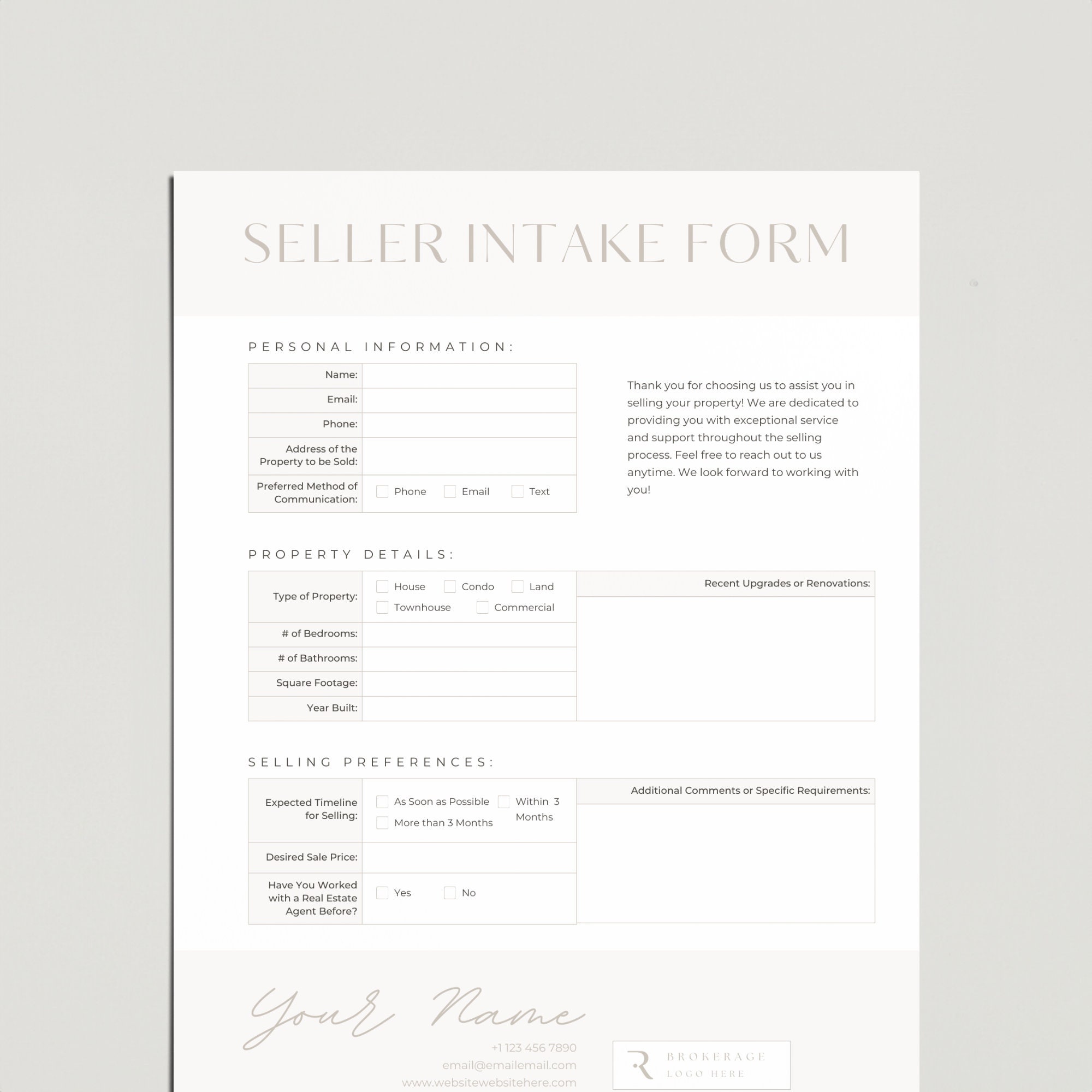 Real Estate Seller Intake Form | Fill Out Sheet Template, Personal ...
