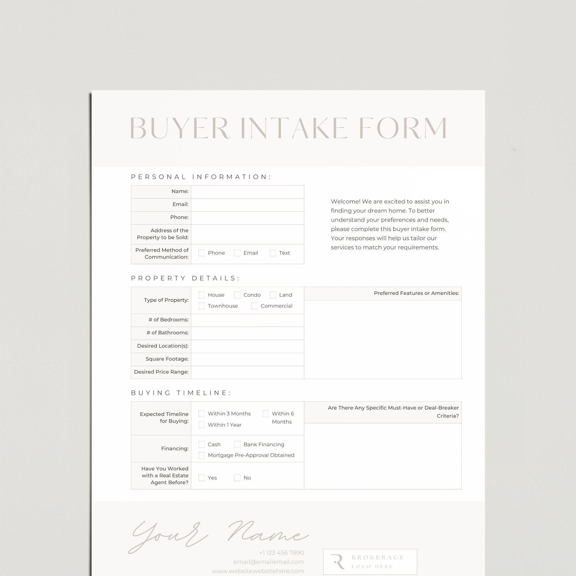 Real Estate Buyer Intake Form | Fill Out Sheet Template, Personal ...