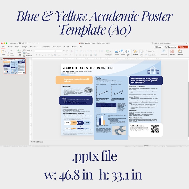 Academic Research Poster Template, Blue Yellow Powerpoint (PPTX Digital ...