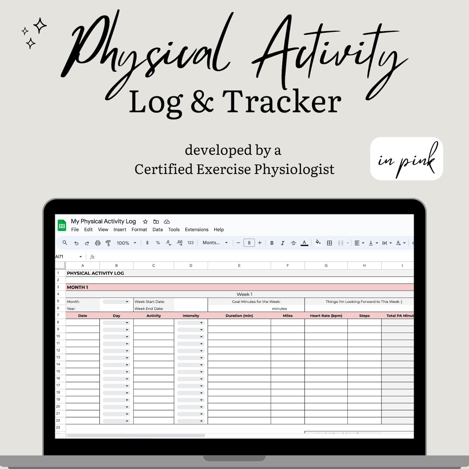 Physical Activity Log, Fitness Tracker Google Sheets (digital Download ...