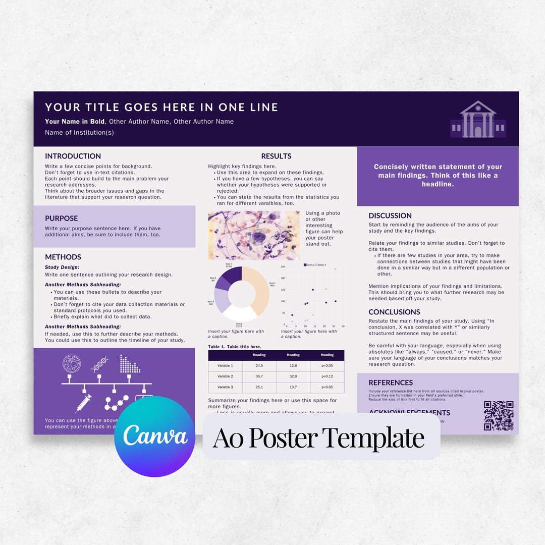 Purple A0 Academic Scientific Research Poster Canva Editable Template ...