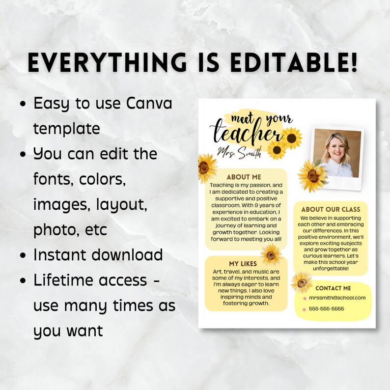 Meet the Teacher Editable Sunflower Themed Template, Teacher Finds ...