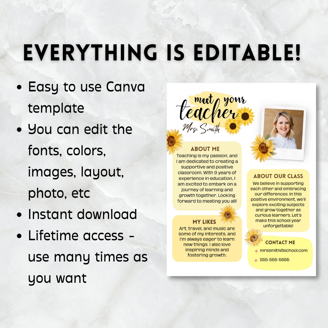 Meet the Teacher Editable Sunflower Themed Template, Teacher Finds ...